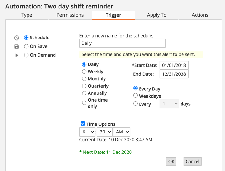 Set up a shift reminder